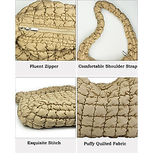 Rejolly Puffer Quilted Shoulder Bag for Women Puffy Bubble Tote Bag Lightweight Nylon Handbag Padded Soft Purse Khaki