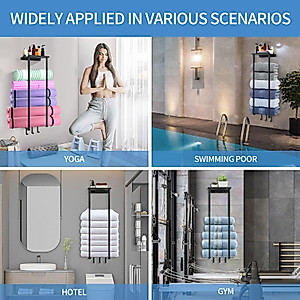 HOTNIU Towel Racks for Small Bathroom Wall Mounted, Vertical Towel Storage with Metal Shelf and 3 Hooks, Bath Towel Rack for Rolled Towels, Black Towel Holder for Large Bath Sheets Towels