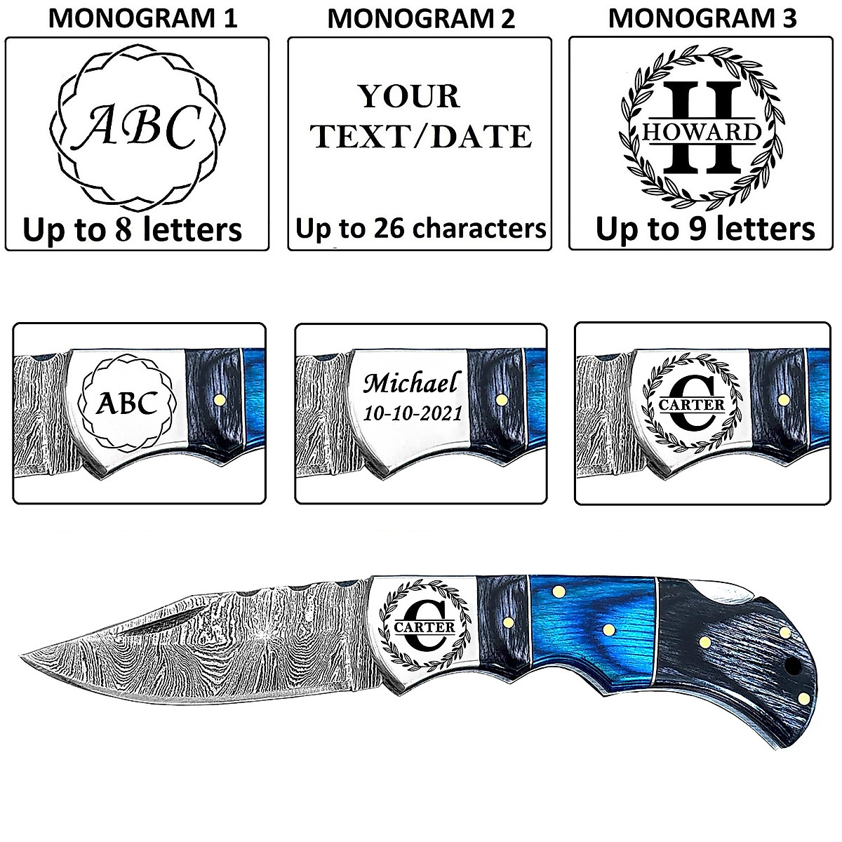 WINTERFELL Personalized Folding Pocket Knife - Handmade 6.5'' Camping, Hiking Knife With Damascus Steel Blade