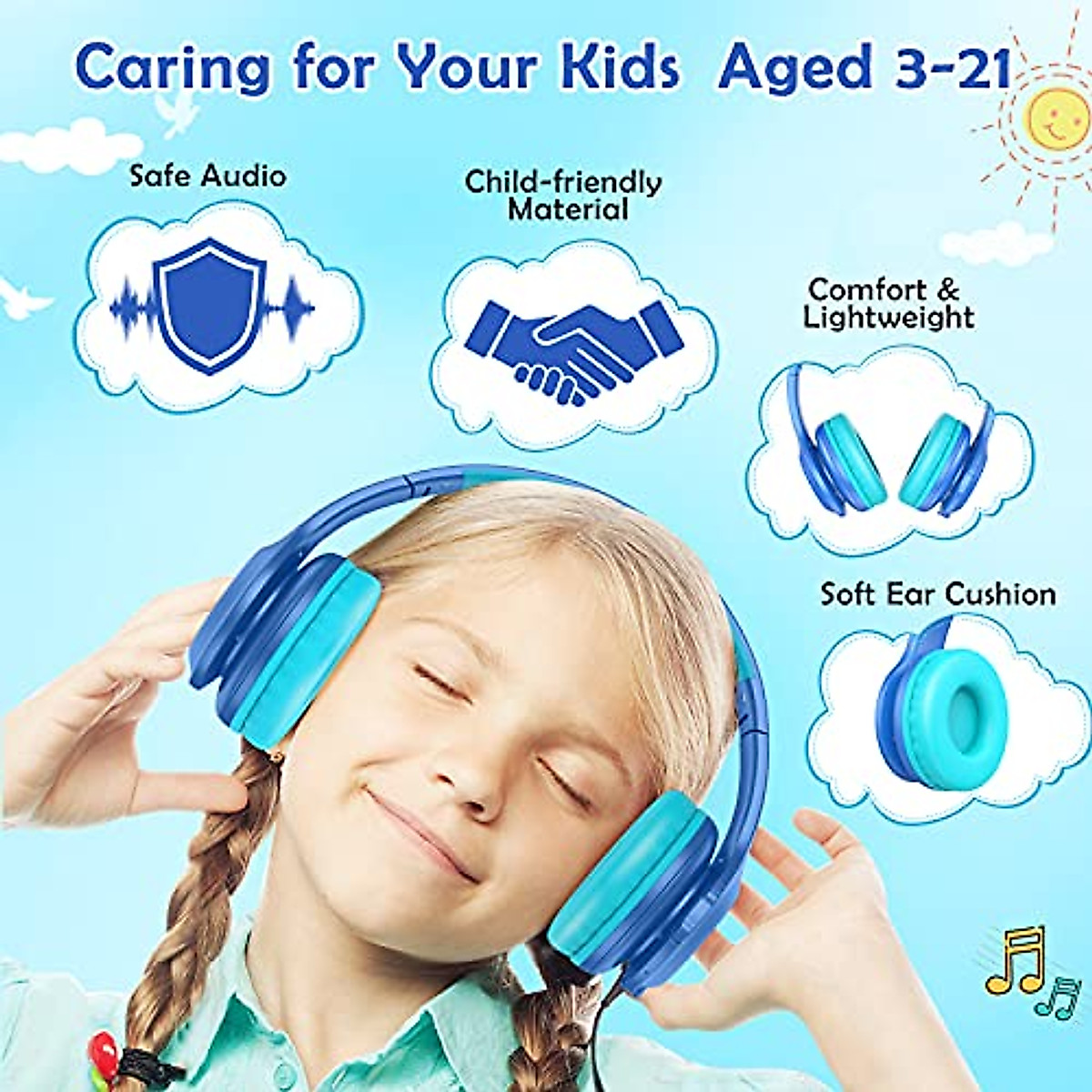 2023 Bluetcooth Kids Headphones Fit for Aged 3-21, Colorful LED Lights Comfort Wireless Headphones with Microphone 94dB Volume Limited for School/iPad/PC/TV/Cellphones, Wired & TF Card Mode, Blue