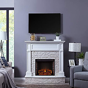 SEI Furniture Jacksdale Faux Stone Accent Electric Hidden Media Shelf Fireplace, White