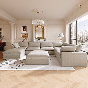 Cloud Modular Sectional Sofa,Down Filled Comfort Sofa Couch for Living Room,Minimalist Wide Deep Seat Convertible Couches,Sofa Cover Washable & Removable (Khaki, 8 Seater)