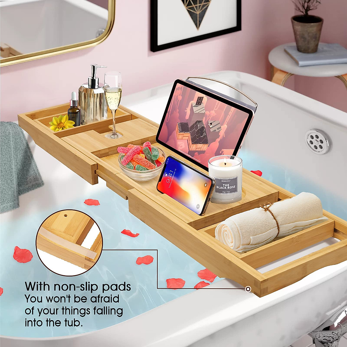 Artmalle Bathtub Caddy Tray for Tub,Foldable Bamboo Bath Table Tray with Book and Wine Glass Holder, Free Soap Dish Suitable for Luxury Spa or Reading,Natural