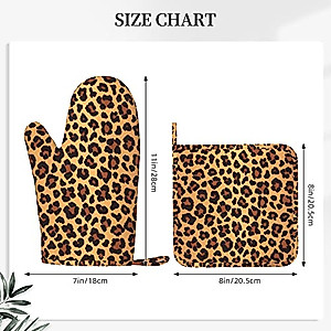 Leopard Pattern Silicone Oven Mitts Pot Holder Sets 2pcs Cute Design Washable Non Slip Kitchen Heat Resistant Mat Women's Cooking Gloves for Baking and BBQ Wear