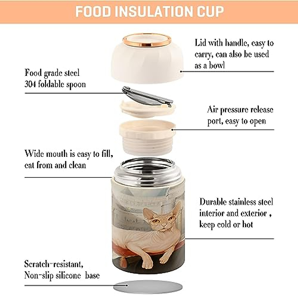 CUPADA Sphynx Kitten Cute Food Jar, Oil Painting Funny Insulated Hot Food Jars Vacuum 17OZ with Folding Spoon for Work Trip Picnic Camping