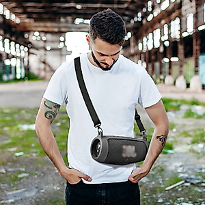 Silicone Case Cover for JBL Charge 5 Waterproof Portable Bluetooth Speaker, Travel Carrying Protective Gel Soft Skin, Waterproof Rubber Pouch with Shoulder Strap and Carabiner - Black