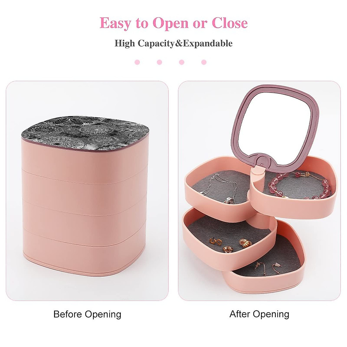 Islam, Arabic, Indian, Ottoman Motifs Tribal Mandala Floral Flower Women Jewelry Box with Mirror, 360 Degree Rotating 4-layer Tray with Lid, Storage Bag Case for Rings, Necklaces, Bracelets