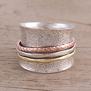 NOVICA Artisan Handmade .925 Sterling Silver Meditation Spinner Ring India with Copper Brass Metallic Tone Band [band Width 10 mm W] 'Stylish Textures'