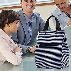 Mziart Insulated Lunch Bag for Women Men, Foldable Reusable Bento Lunch Bag Lunch Box Cooler Waterproof Lunch Tote Bag Lunch Container for Work Office Picnic or Travel (Blue White Stripes)