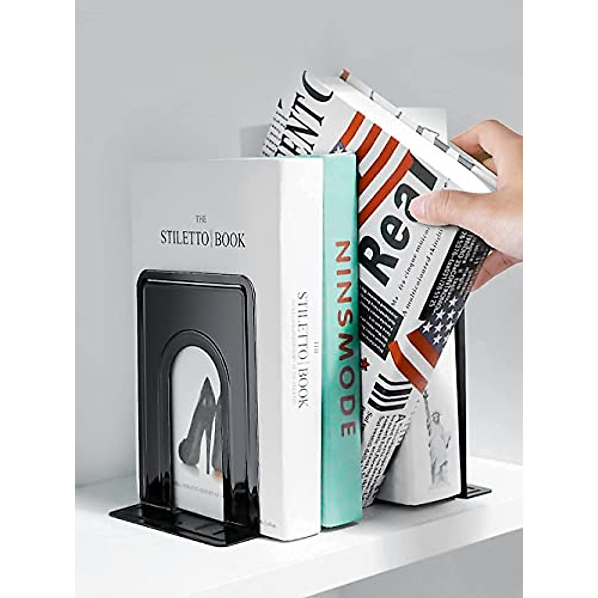 (Bundle of 2 Sets) MaxGear Book Ends Universal Premium Bookends for Shelves, Non-Skid Bookend, Heavy Duty Metal Book End, Book Stopper for Books/Movies/CDs, 6.5 x 5 x 5.75 in, Black (3 Pairs)