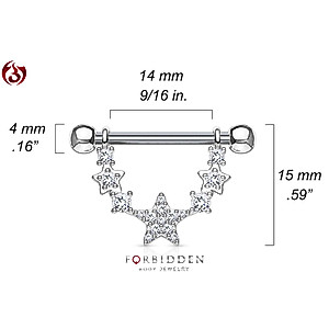Forbidden Body Jewelry Pair of Surgical Steel 9/16 Inch D-Ring Style Pave CZ Star Chain Dangle Nipple Barbells, Silver Tone