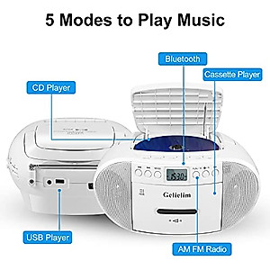 Gelielim CD and Cassette Player Combo, Portable Boombox AM/FM Radio, Tape Recording, 5.1V Bluetooth Speaker, USB Playback with Earphone Jack, Remote Control, AC/Battery Powered, for Home,Senior,Child