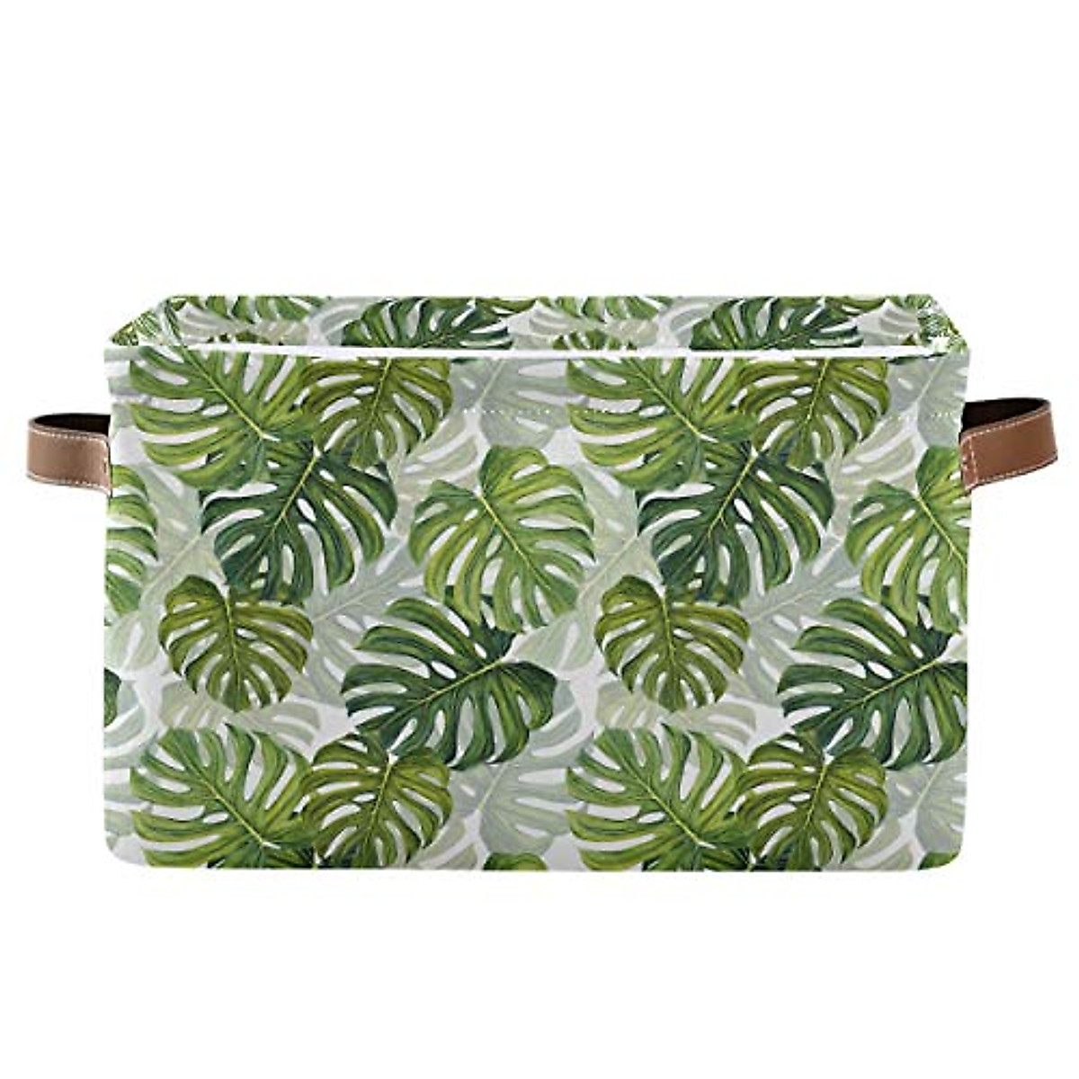 senya Large Foldable Storage Basket, Tropical Pattern Green Leaves Fabric Storage Bin Organizer Bag with Handles 15 x 11 x 9.5 inch