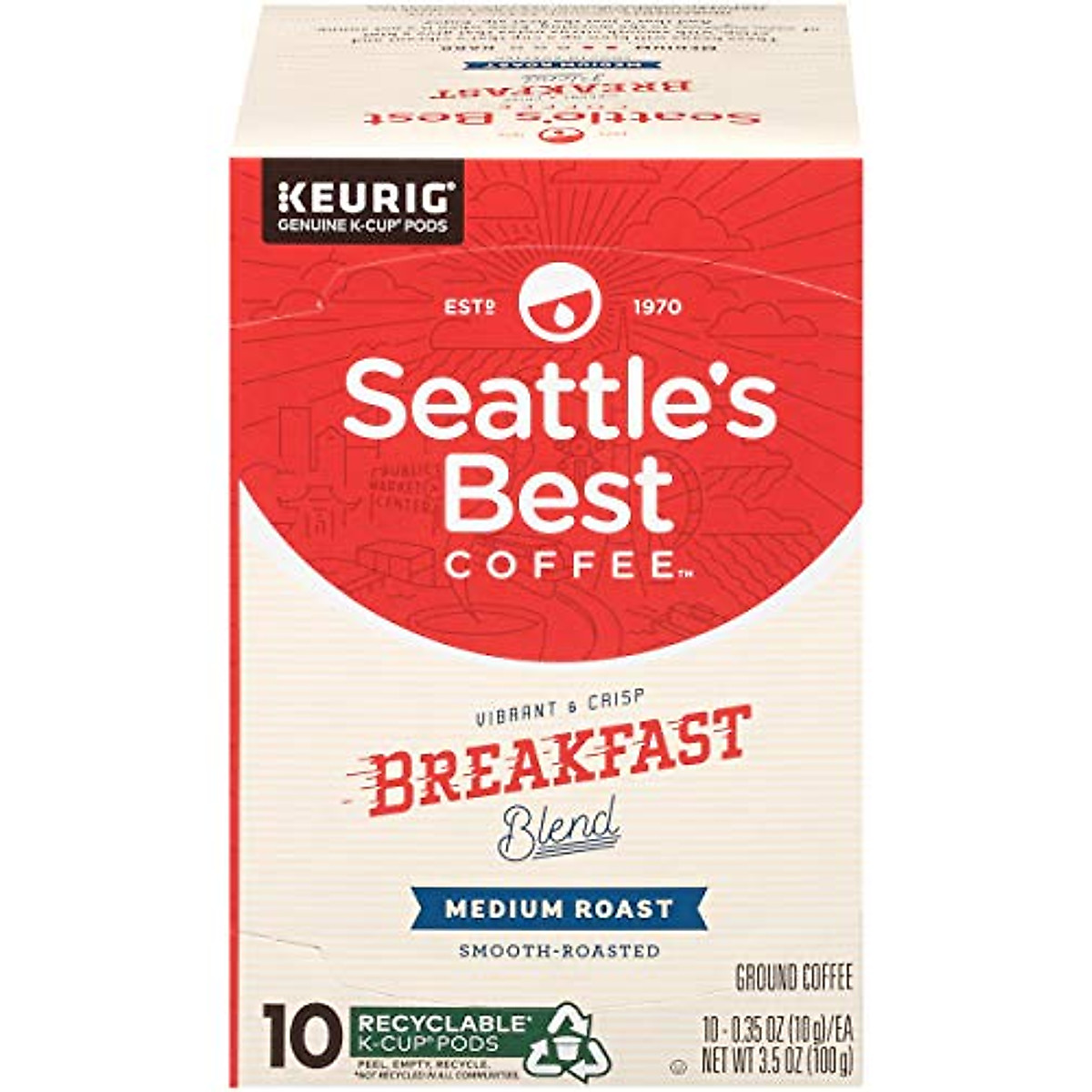 Seattle’s Best Coffee K-Cup Pods, Breakfast Blend, Medium Roast Smooth-Roasted Ground Coffee, 10 CT K- Cups/Box (Pack of 1 Box)