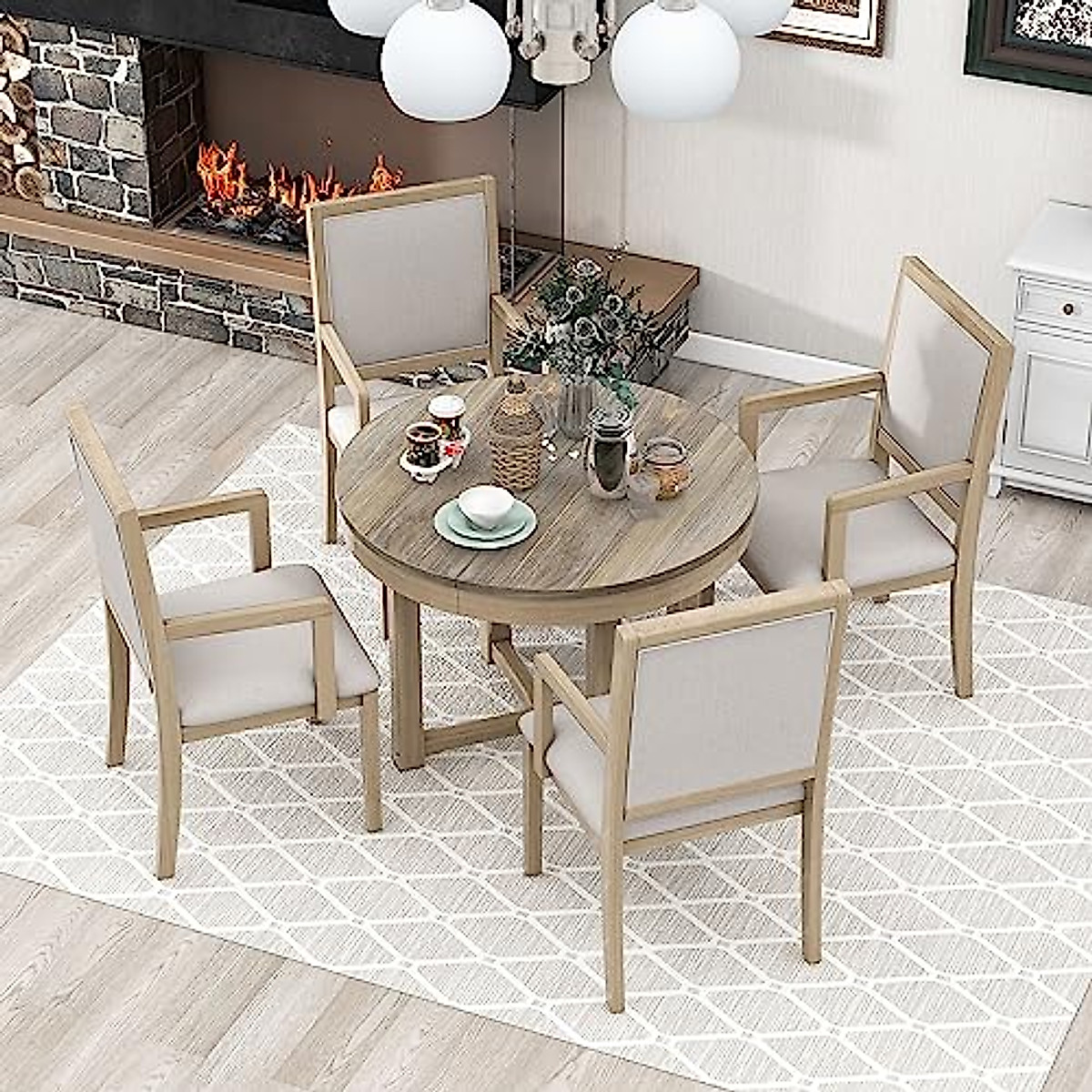 BIADNBZ Table Set for 4 Two-Size Round to Oval Extendable Butterfly Leaf Tabletop and 4 Upholstered Dining Chairs with Armrests for Home&Kitchen, Natural Wood Wash