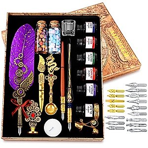 Aifeiter Feather Pen Ink Set,Quill Pen Ink Set,Wax Seal Stamp Set,Feather Calligraphy Pen Set,Birthday Present,Christmas Gifts,Holiday Ideal Gift（purple）