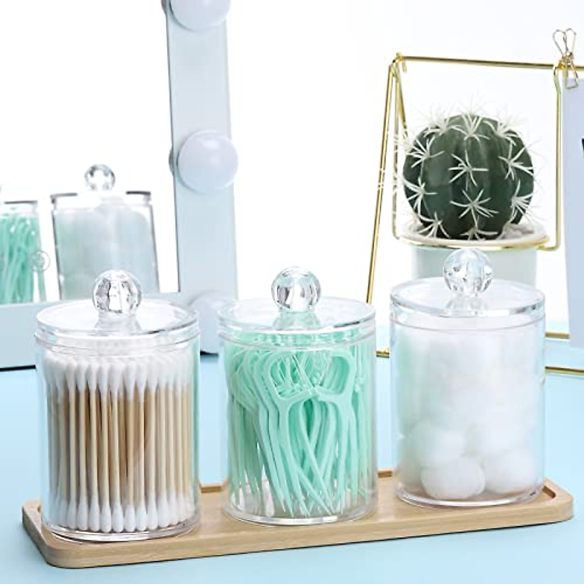 LoveBB 3 Pcs Qtip Holder with Tray, Plastic Bathroom Containers Dispenser Cotton Ball, Cotton Pads, Cotton Swabs, Floss Organizers Canisters with Lids