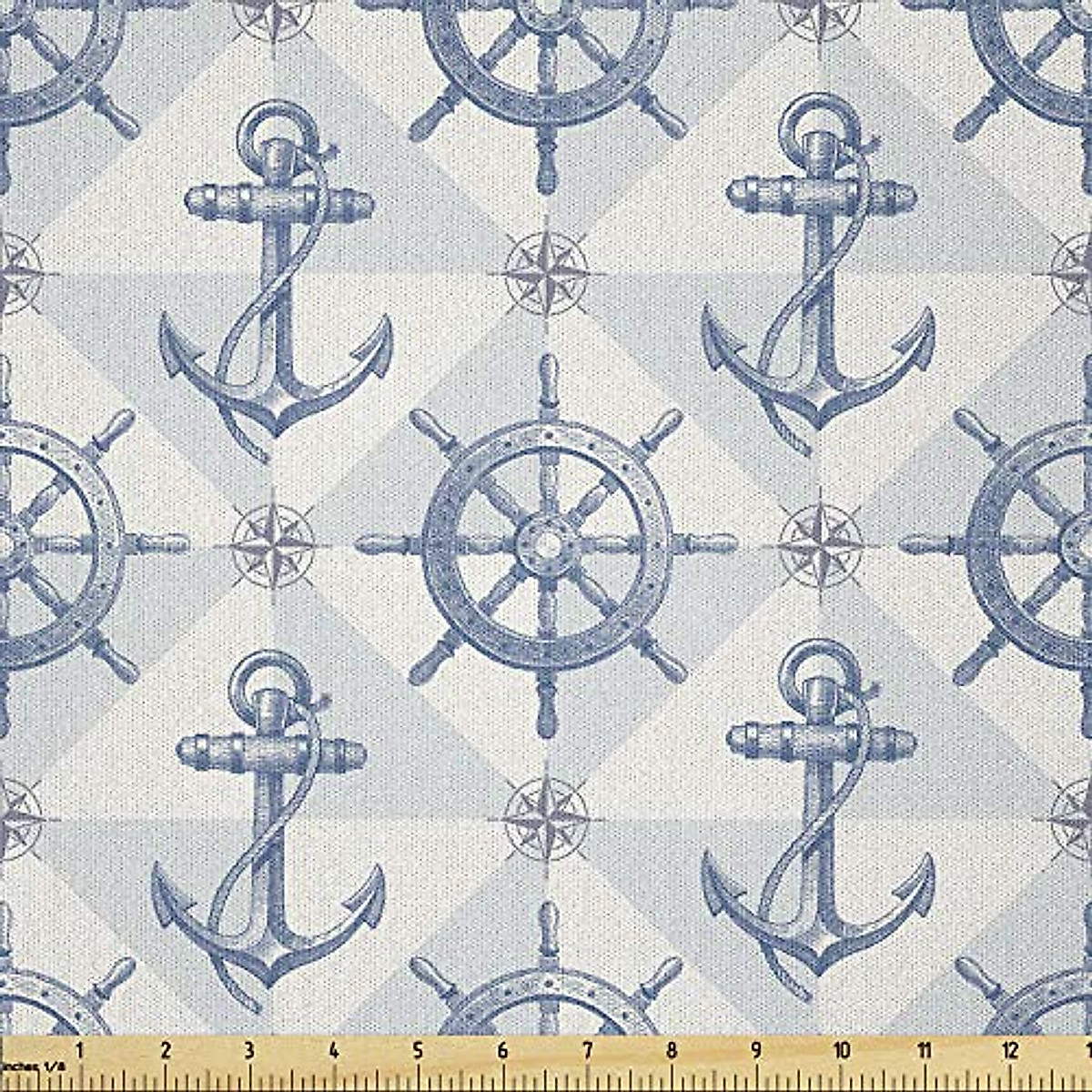 Lunarable Nautical Fabric by The Yard, Hand Drawn Compass Anchor with Ship Steering Wheel Nautical Marine, Microfiber Fabric for Arts and Crafts Textiles & Decor, 1 Yard, Grey Blue