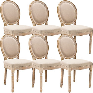 chairus Farmhouse Dining Chairs Set of 6, French Country Dining Room Chairs Vintage Fabric Upholstered Chair with Round Back Natural Wood Legs, Beige 6 PCS