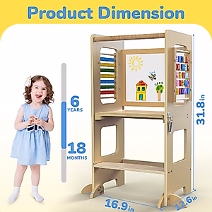 Toddler Kitchen Stool Helper, Toddler Tower, Foldable Weaning Table with Chalkboard and Plaything, Montessori Kids Foldable Step Stool and Kids Learning Standing Tower for Bathroom and Counter