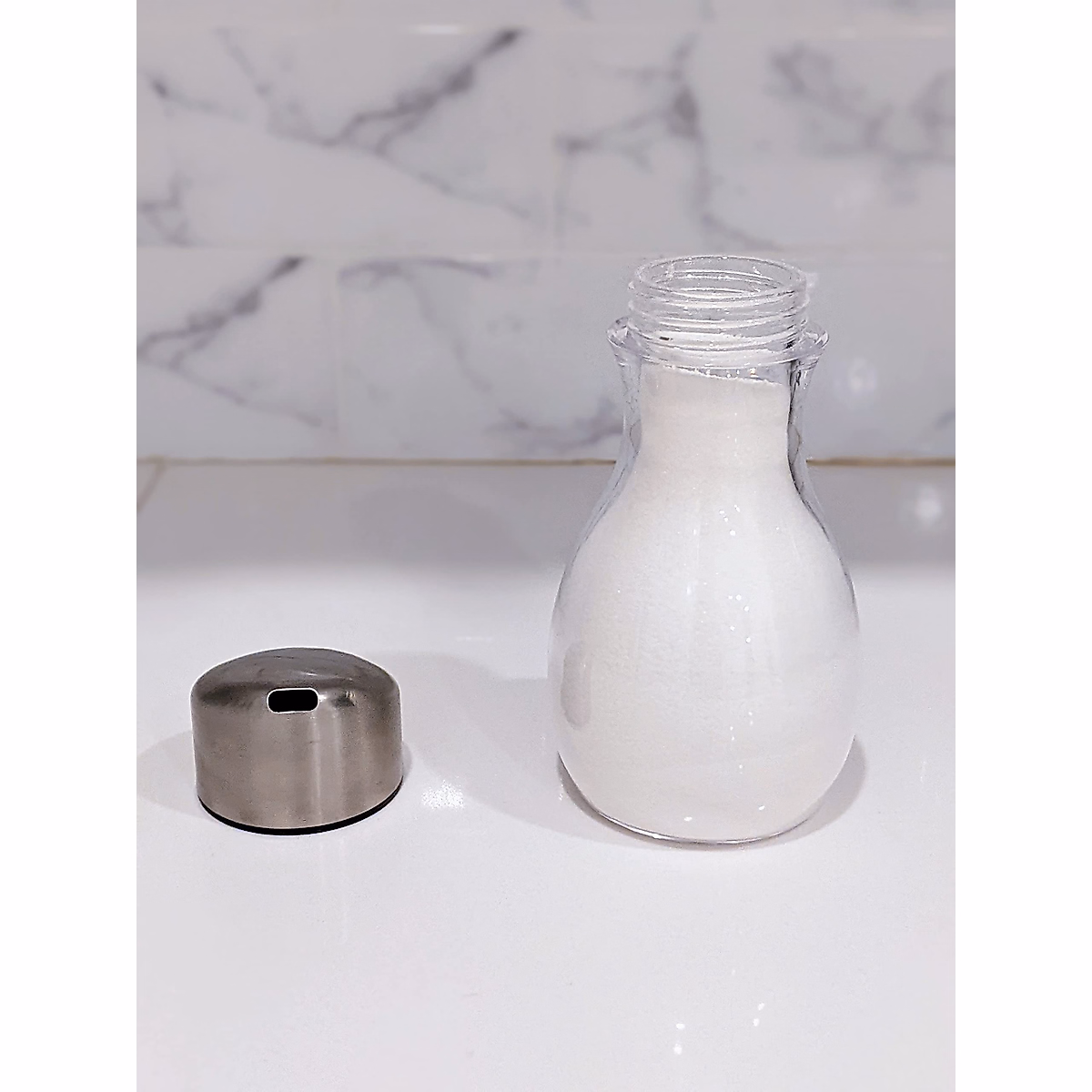 J&M DESIGN Sugar Dispenser With Pour Spout For Coffee Bar Accessories, Tea & Baking Essentials w/Stainless Steel Lid - 9.5oz Clear Acrylic Jar Spoon Pourer Shaker Container