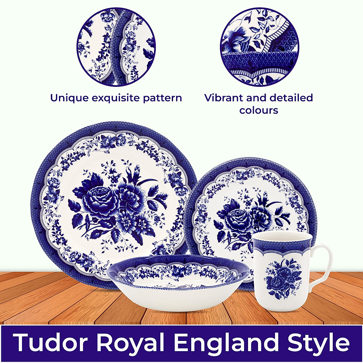 TUDOR ROYAL 24-Piece Porcelain Round Dinnerware Set, Service for 6, VICTORIA BLUE Design, Blue Floral, Plates Bowls Mugs Dishes, Premium Quality Ceramic Tableware, Unique Pattern, Glossy