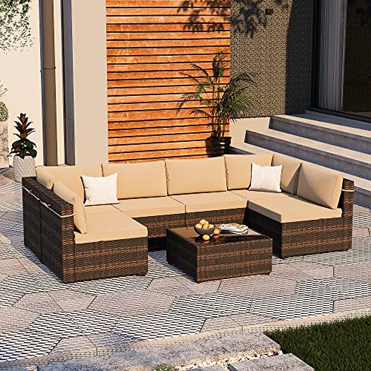 UPHA 7 Pieces Patio Furniture Set, Outdoor Sectional Brown PE Rattan Wicker Sofa Set with Cushions and Tempered Glass Coffee Table for Poolside, Lawn, Garden and Balcony