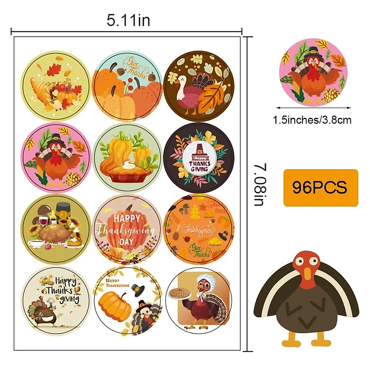 Thanksgiving Turkey Gift Stickers Round Envelope Seal Label Stickers Self-Adhesive Pumpkin Happy Thanksgiving Day Stickers for Card Candy Bag Box Decoration Party Favors Class Rewards 96 Pieces