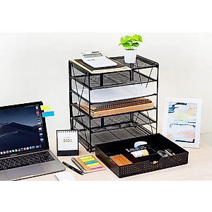 CAXXA 5 Tier Mesh Letter Tray, Desk File Organizer, Desktop Paper Tray Holder with Drawer, Black