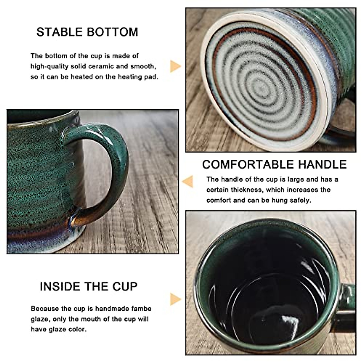 Otevymu 18 Oz Large Ceramic Coffee Mug, Big Handmade Pottery Tea Cup for Office and Home, Big Handle Easy to Hold, Microwave and Dishwasher Safe, Stylish Texture Glaze (Ink Green)