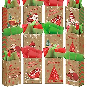 VGOODALL 30PCS Christmas Treat Bags with Tissue Paper, Kraft Paper Gift Bags with Handle Christmas Goodie Bags for Christmas Party Favors Gift Exchange