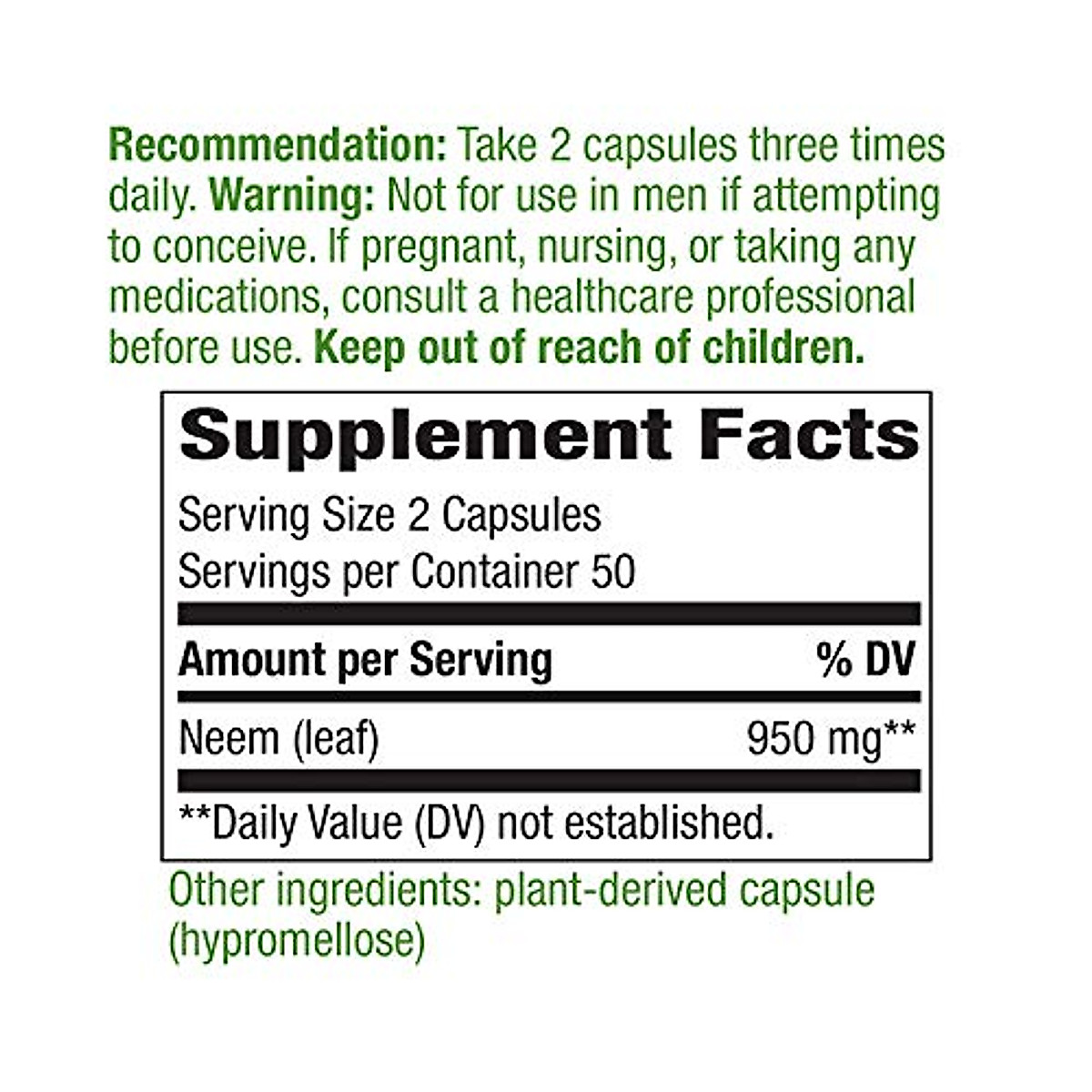 Nature's Way Premium Herbal Neem Leaf, 950 mg per serving, 100 Vcaps