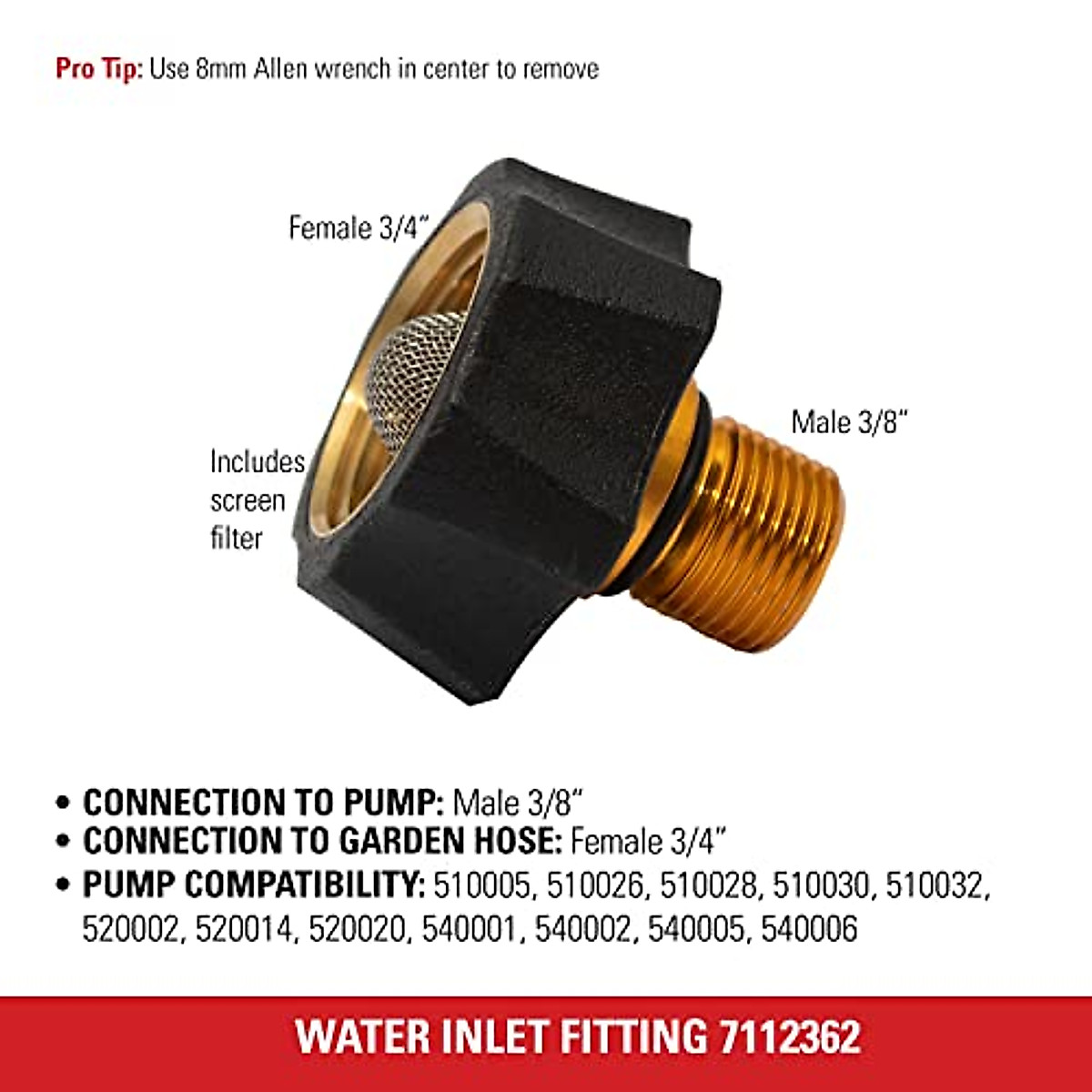 Simpson Cleaning 7112362 Water Inlet Fitting for 520002, Replacement for multipls Pressure Washer Pumps, Gold