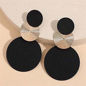 Retro 80s Neon Earrings Round Disc Dangle Drop Earrings for Women Lightweight Bohemia Statement Geometric Round Earrings Fashion Accessories 80s Jewelry Costume Party (Gold Black)