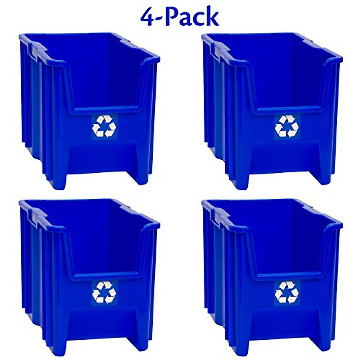 READYSPACE Commercial Industrial Heavy Duty Stackable Open-Front Recycling Bin Box Containers, 7 Gallon, 4 Pack, Blue