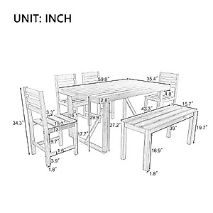 RuiSiSi 6 Piece Outdoor Dining Table Set with 4 Chairs and 1 Bench, Acacia Wood Outdoor Table and Chairs Set for 6 Persons, All Weather Patio Dining Table Set for Balcony, Backyard, Garden, Natural