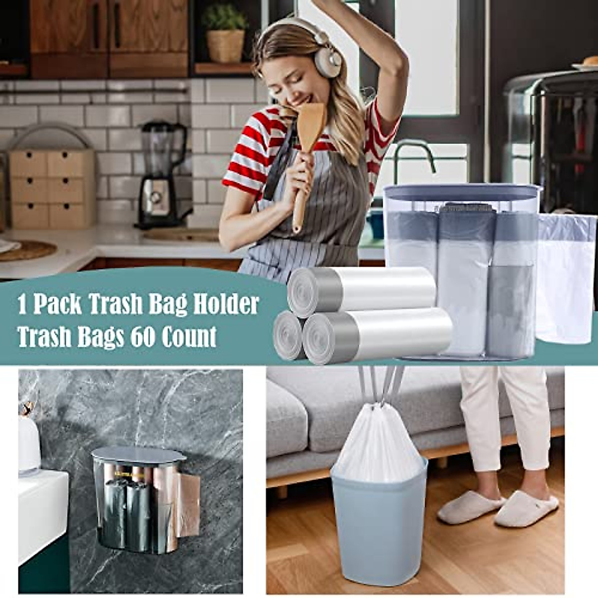 Valuetalk Trash Bag Holder, Trash Bag Dispenser with 60 Count Trash Bags, Wall Mount Trash Bag Roll Organizer, Drawstring Small Trash Bags for Kitchen, Bathroom, Office and Bedroom