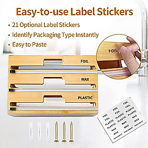 BGFOX 3 in 1 Plastic Wrap Organizer with Cutter and Labels, Natural Bamboo 12" Roll Aluminum Foil and Wax Paper Dispenser for Kitchen Storage Organization Holder