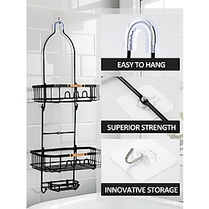 Gronda Shower Caddy Hanging Over Shower Head, Rustproof Anti-Slip Anti-Swing Black Shower Head Caddy Hanging for Inside Shower with Hooks and Adhesives
