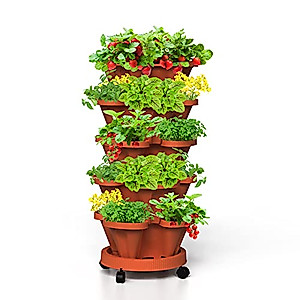 Tectsia Strawberry Vertical Planter Tower Garden, 5 Tiered Planter Stackable Herb Garden Planter with Movable Casters and Bottom Saucer Indoor and Outdoor - Terra Cotta