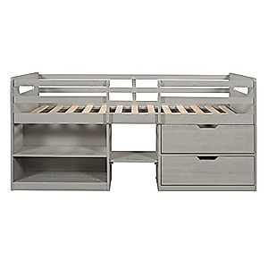 CITYLIGHT Twin Low Loft Bed with Storage, Kids Loft Bed with Two Shelves and Two Drawers,Wooden Loft Bed Twin for Girls Boys Bedroom,Antique Grey