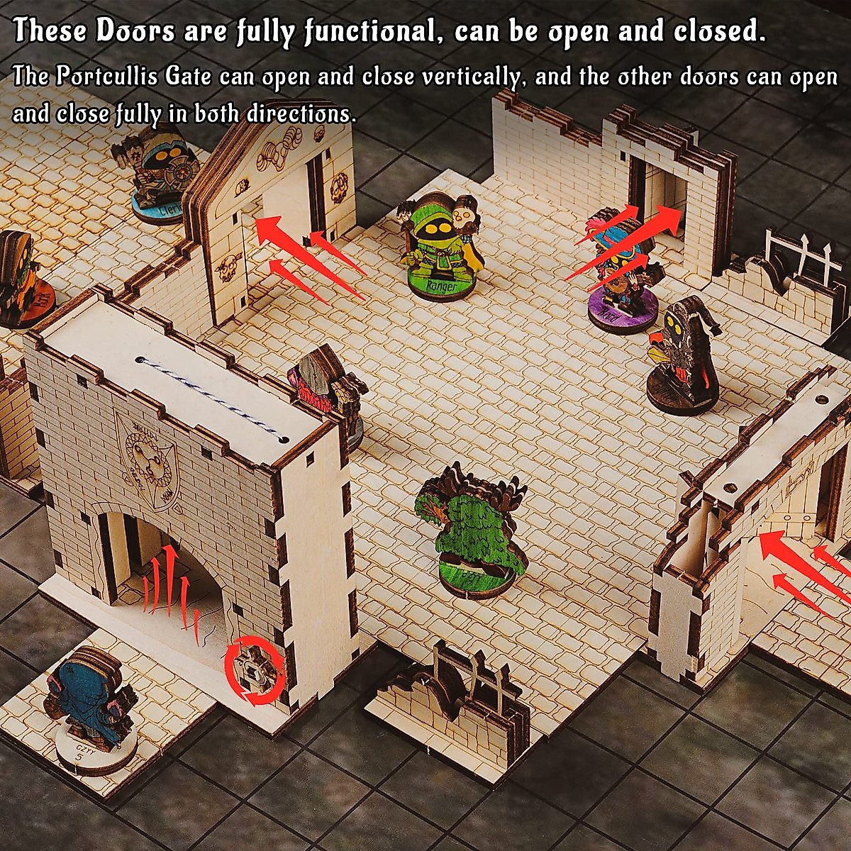 Dungeon Door & Portcullis Gate Miniatures (Set of 4) Wooden Laser Cut Open and Closed Fantasy Terrain 28mm Scale for Dungeons & Dragons, Pathfinder, D&D and Other Tabletop RPG