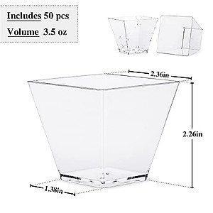 50 Pack 3.5 Oz Plastic Mini Dessert Cups,Square Clear Parfait Cups for Chocolate Desserts, Appetizers,Dessert Samplers,Dessert Shot Glasses & More