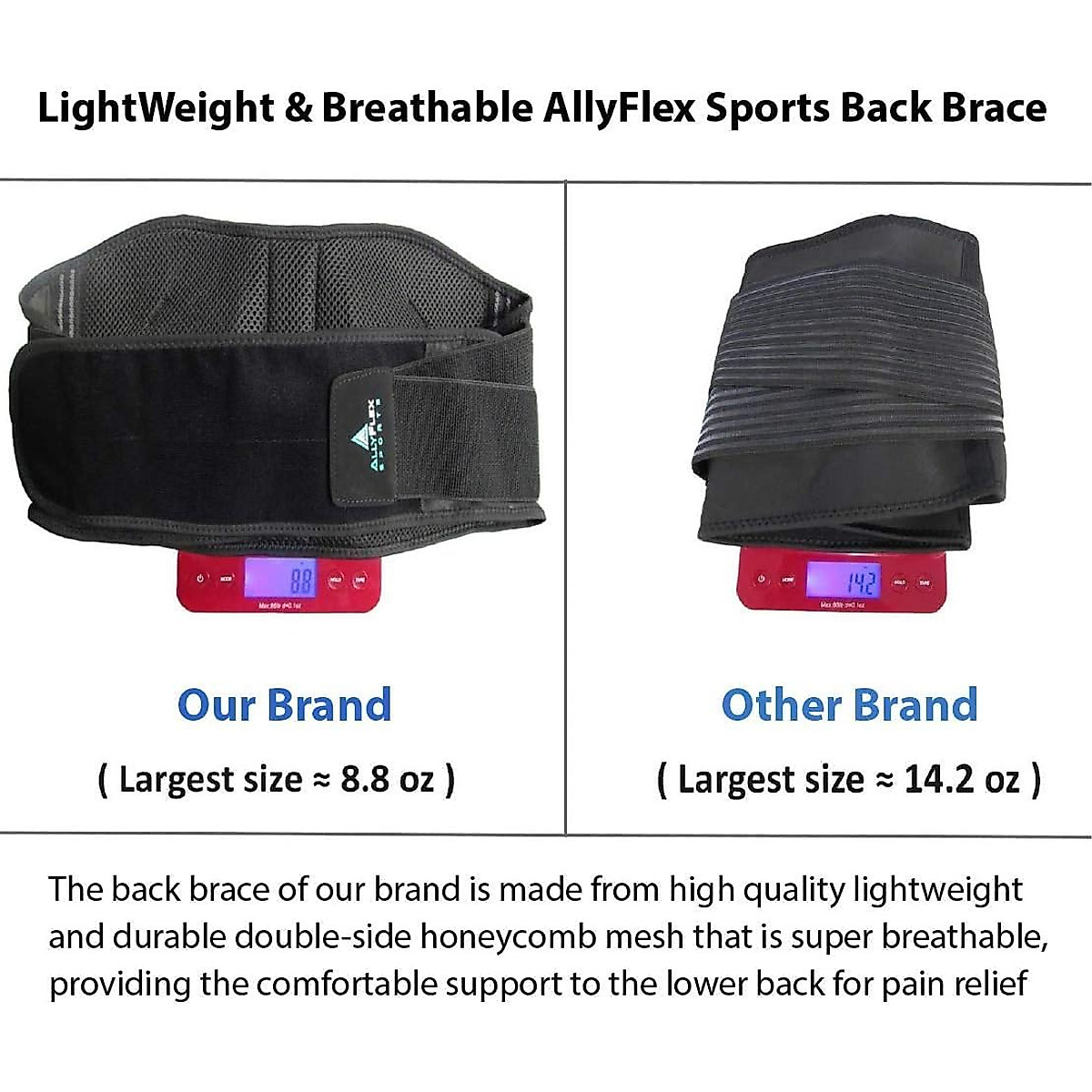 AllyFlex Sports® Lightweight Back Brace for Men & Women Under Uniform, Dual Medical 3D Lumbar Pads for Lower Back Pain Relief, Breathable Mesh with Adjustable Stapes for Back Stress - M
