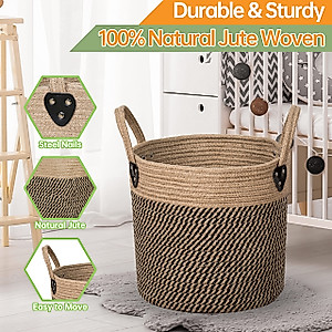 ZOES HOMEWARE 14"x12" Natural Jute Rope Woven Storage Basket with Handles for Plant, Blankets,Toys,Clothes,Shoes - Living Room Home Decor,Multifunctional Basket for Organizer,Picnic,Artificial Tree