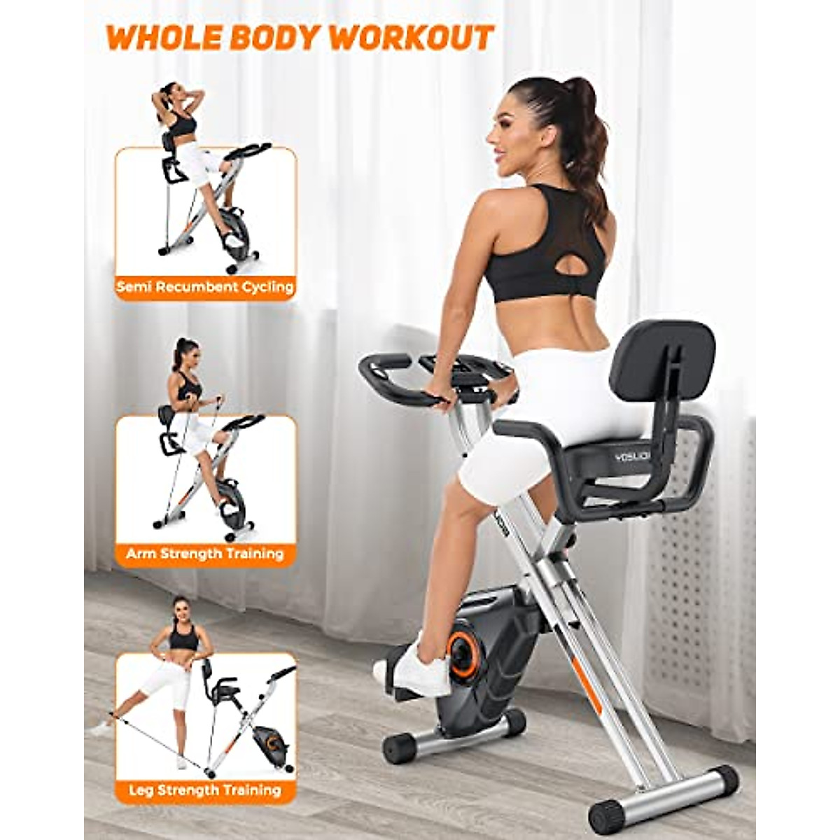 YOSUDA Exercise Bike, Folding Exercise Bike for Seniors 330LB/270LB Capacity, Magnetic X-Bike with 16-Level Resistance, Back Support Cushion for Home Gym Workout