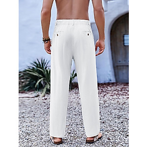 PASLTER Mens Cotton Pants Drawstring Casual Jogger Yoga Beach Pant Elastic Waist Slim Fit Trousers for Men White