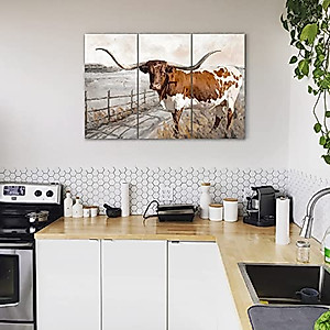 Longhorn Wall Decor - Western Decor Wall Art - Farmhouse Artwork - Cow Canvas Wall Art - 3 Piece Set 24x36 - Texas Theme Picture for Home or Office