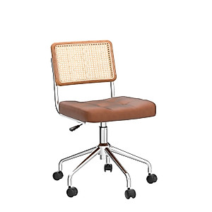 Zesthouse Mid Century Home Office Chair Leather Desk Chair with Rattan Back, Vanity Chair for Girls Women, Upholstered Swivel Chair, Adjustable Height Computer Task Chair