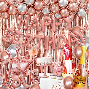 MURDIZZO Rose Gold Happy Birthday Decors Women,Rose Gold Birthday Decors w/ Banner, Fringe Curtains, Feminine-Themed Foil Balloons, Balloon Kits 13th 21st 25 30 40 50th Birthday Decors